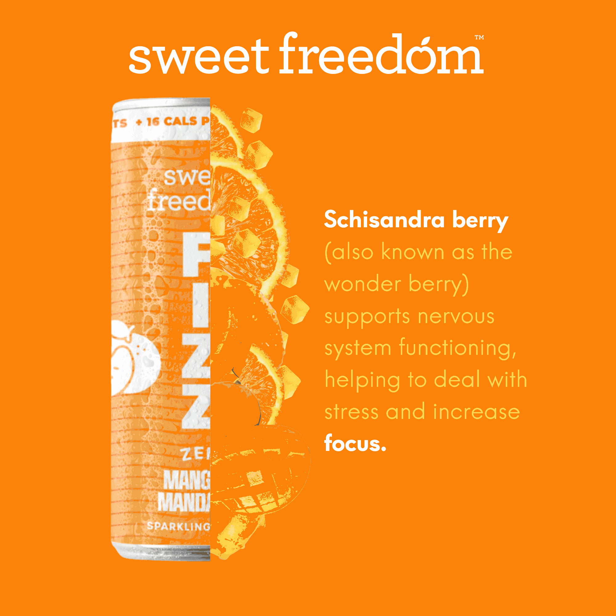 Sweet Freedom FIZZ™ Mango & Mandarin sparkling water, 12x 250ml cans.