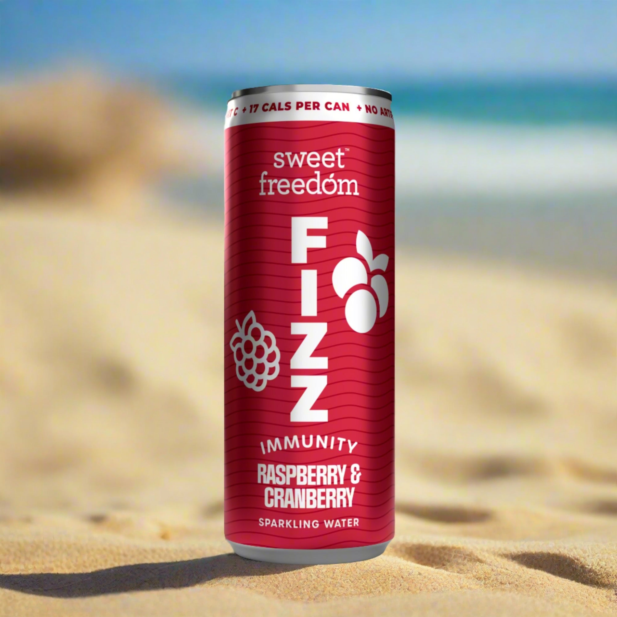 Sweet Freedom FIZZ™ Raspberry & Cranberry sparkling water, 12x 250ml cans.
