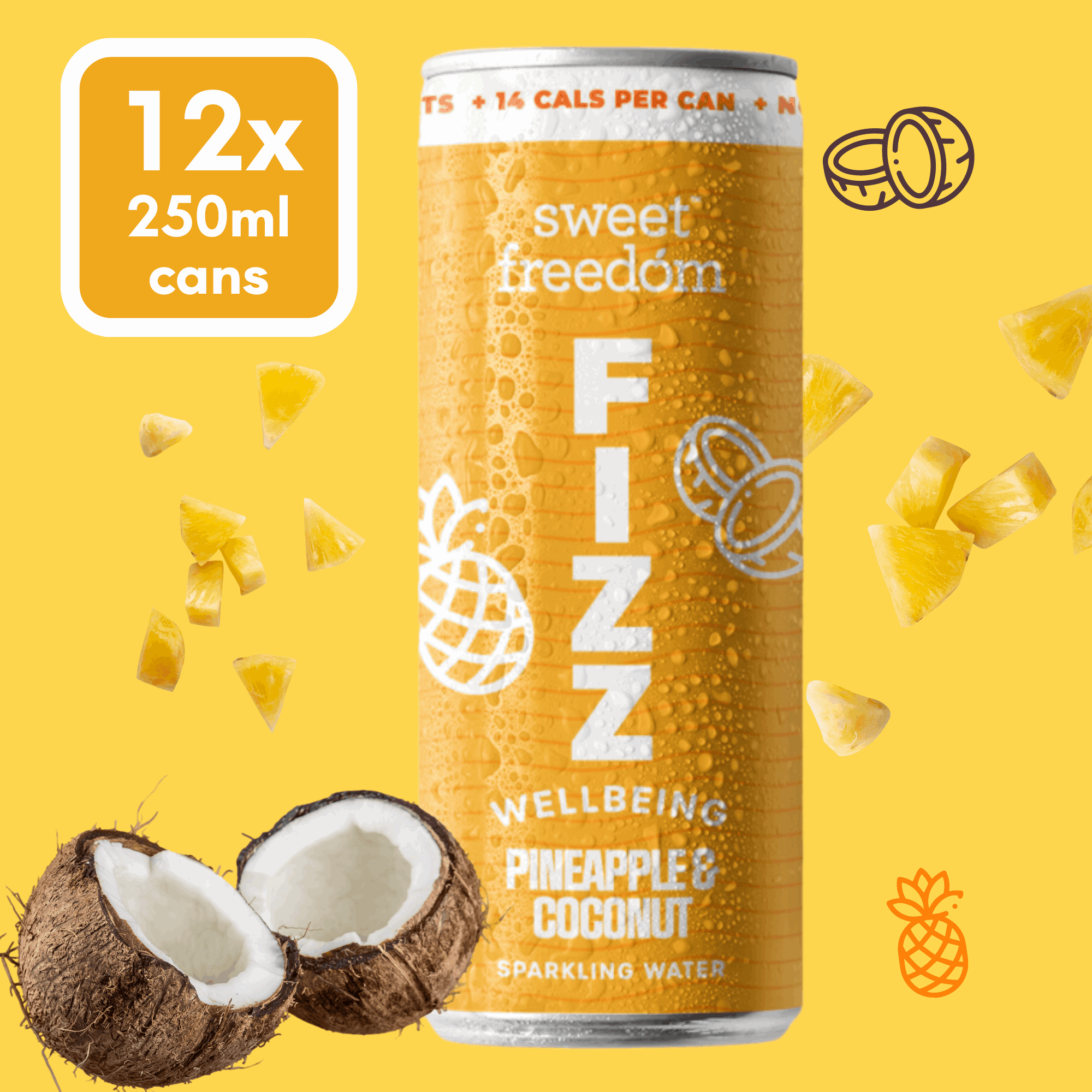 Sweet Freedom FIZZ™ Pineapple & Coconut sparkling water, 12x 250ml cans.